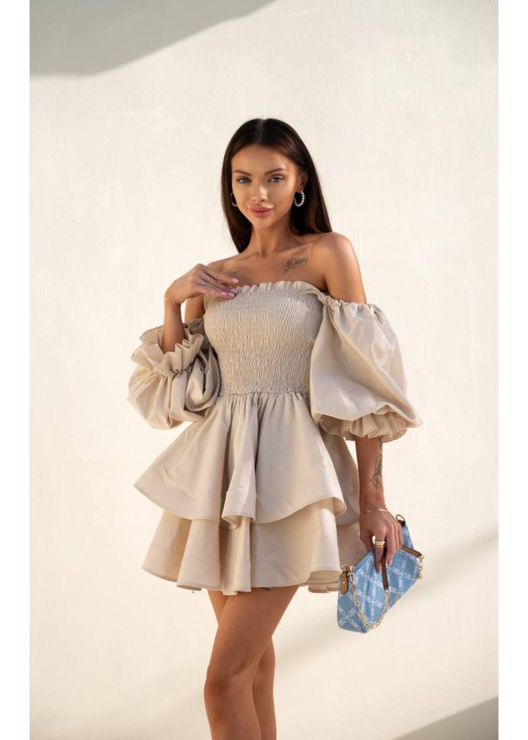 Beige Mini Summer Party Dress, Beige Cotton Dress With Puff Sleeves ...