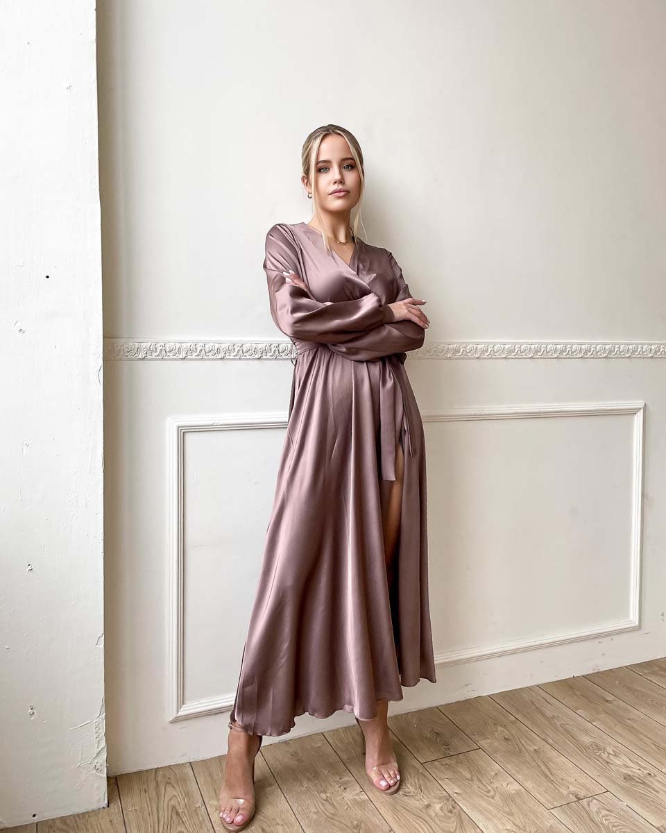 Coffee Silk Dress With Long Sleeves, Cappuccino Silk Prom Dress, Silk ...