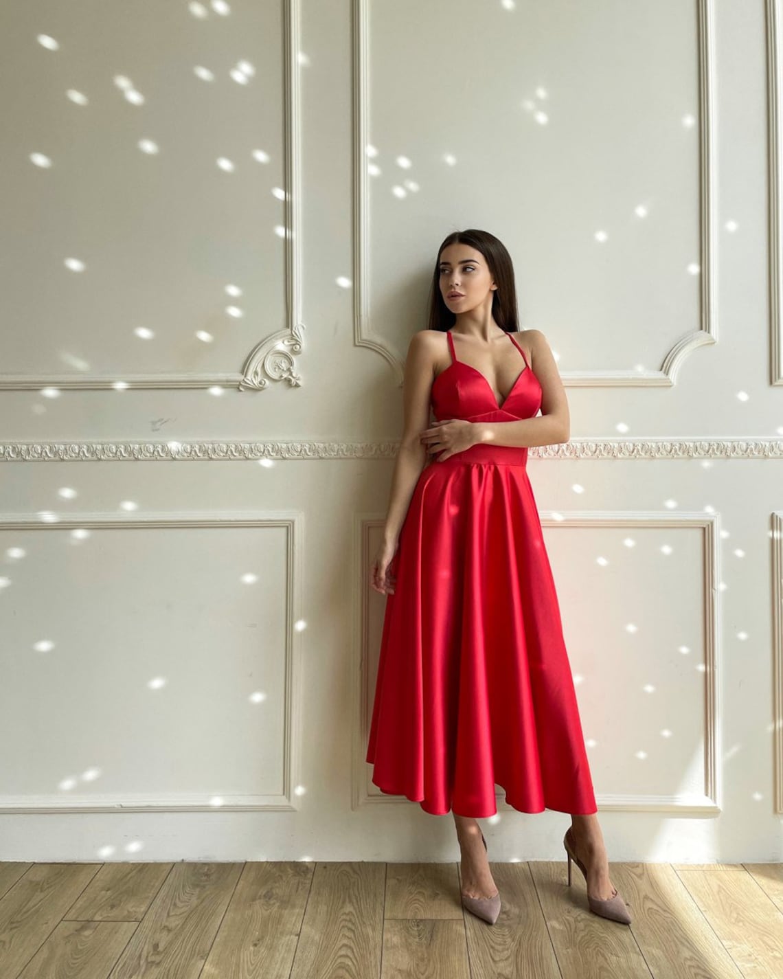 Red Prom Dress, Bustier Dress Midi, Dress With Straps, Red Flared Dress ...