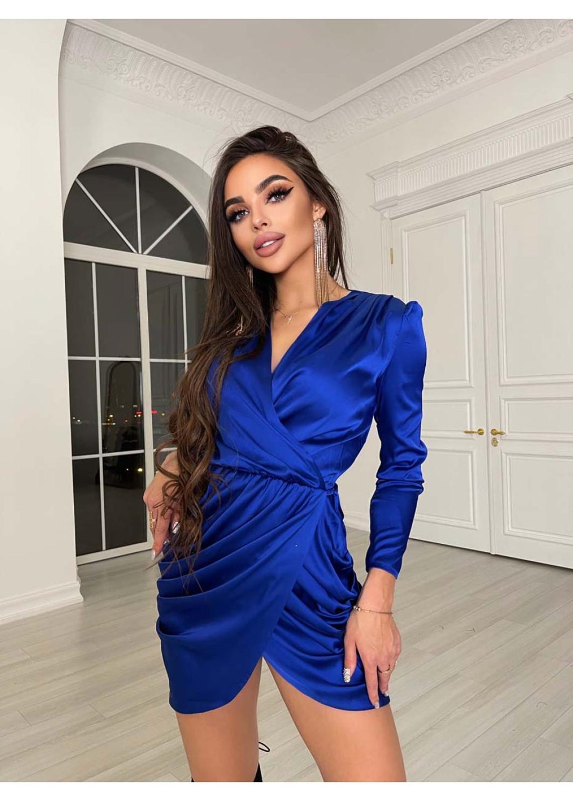 Cobalt Blue Silk Wrap Dress, Cobalt Blue Silk Pleated Dress, Mini ...