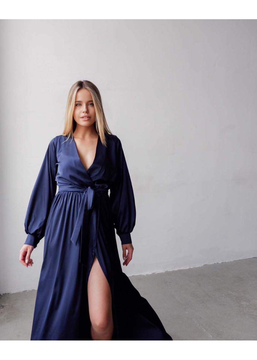 Blue Silk Dress With Slit, Blue Silk Maxi Dress, Maxi Long Sleeves ...