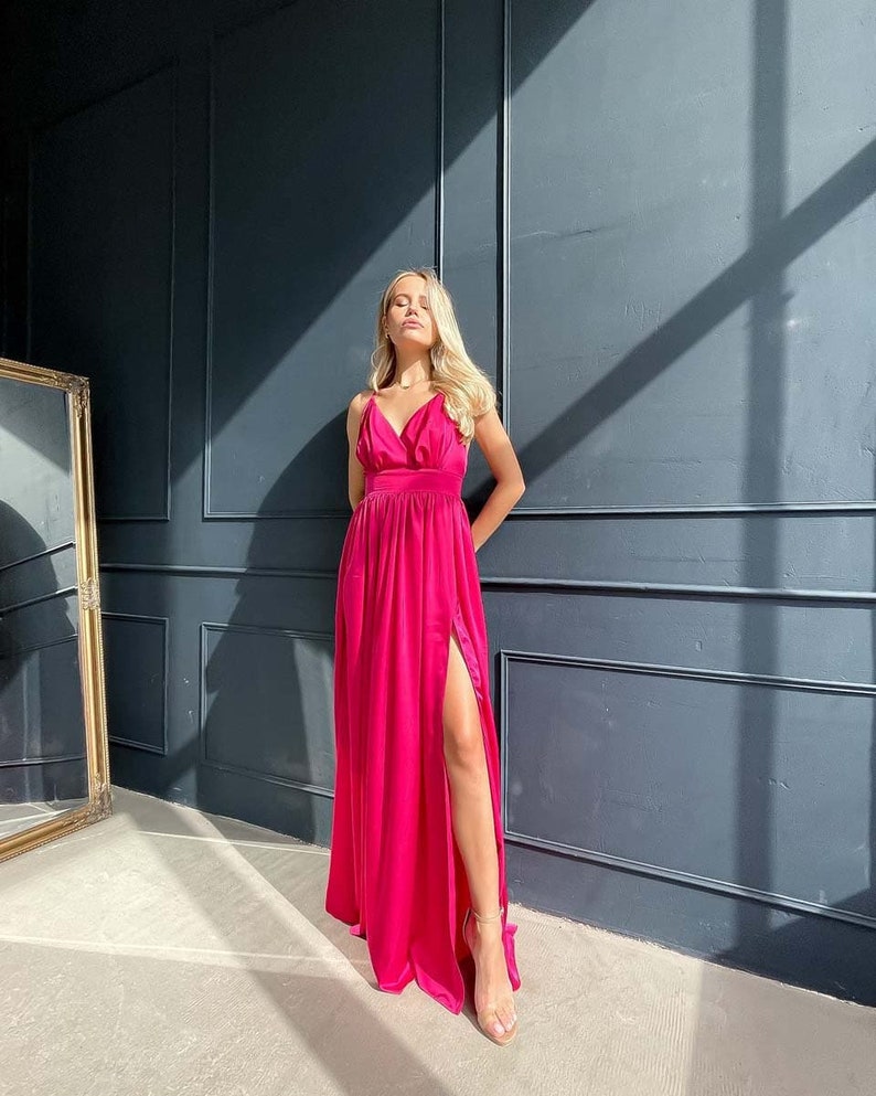 Hot Pink Slip Dress, Silk Maxi Dress, Tied Back Slip Dress, Pink Flared ...