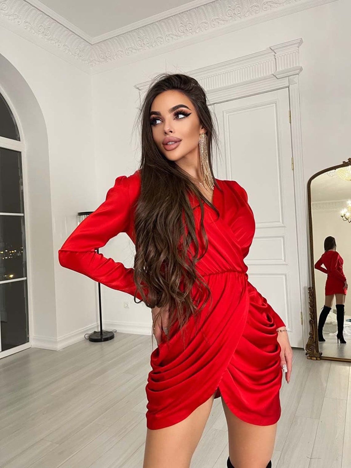 Red Silk Dress, Red Pleated Dress Long Sleeve, Red V Neck Dress, Waist ...