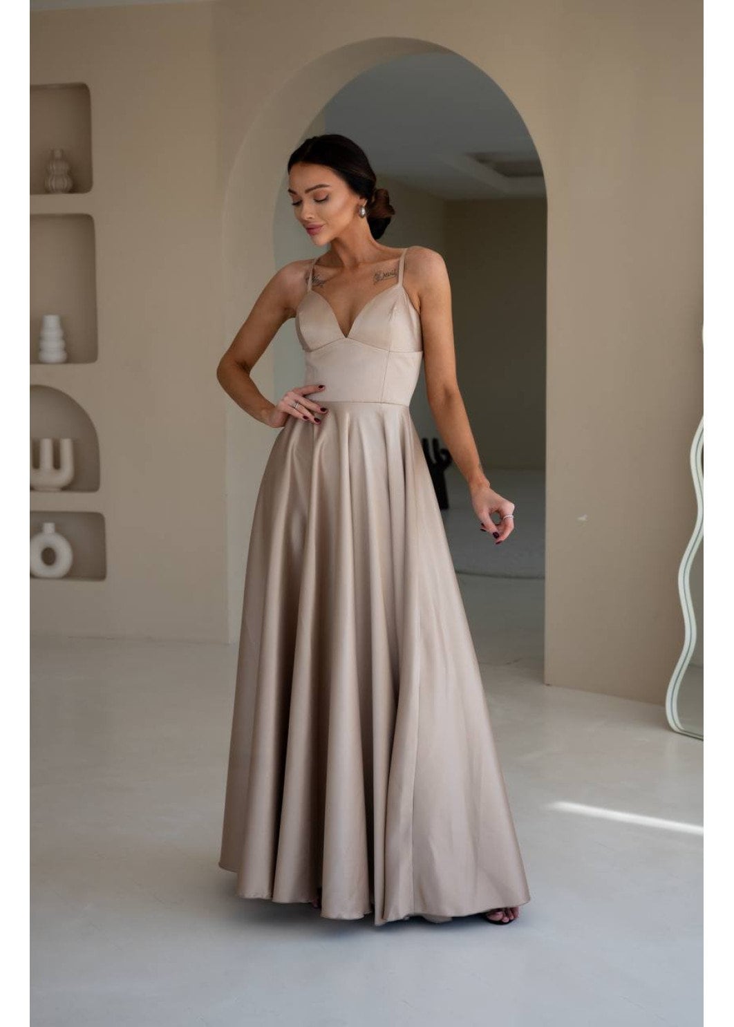 Beige Long Silk Dress, Beige Maxi Dress, Silk Prom Dress, Beige Wedding ...