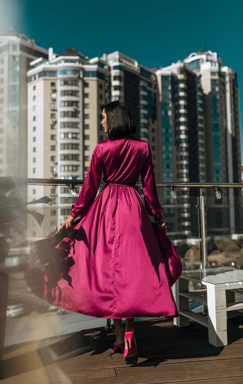 Fuchsia Wrap Dress Silk Wrapped Dress Silk Slip Dress Slit High Slit