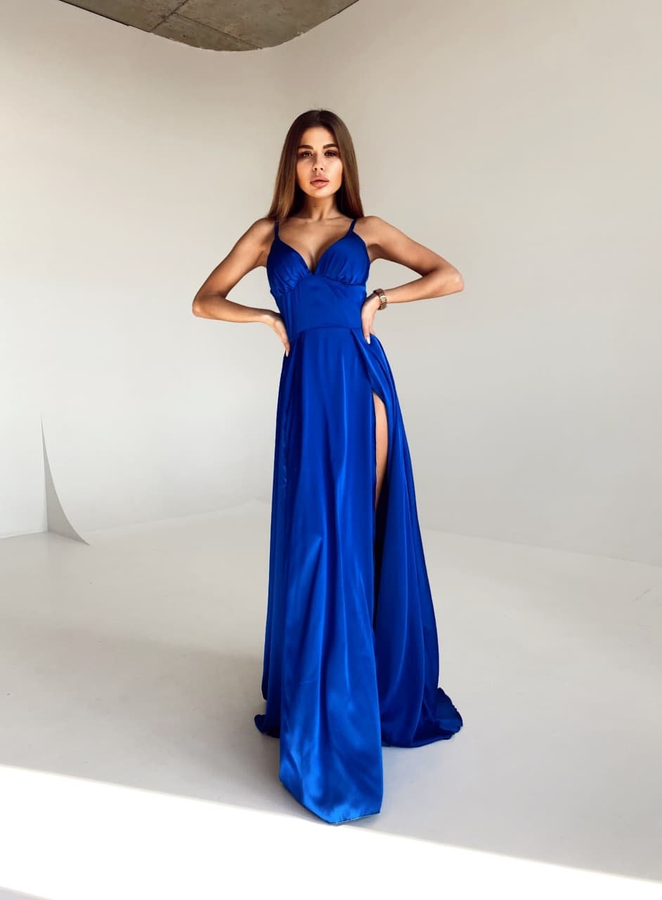 Cobalt Blue Silk Dress, Blue Dress With Slits on Both Sides, Double ...