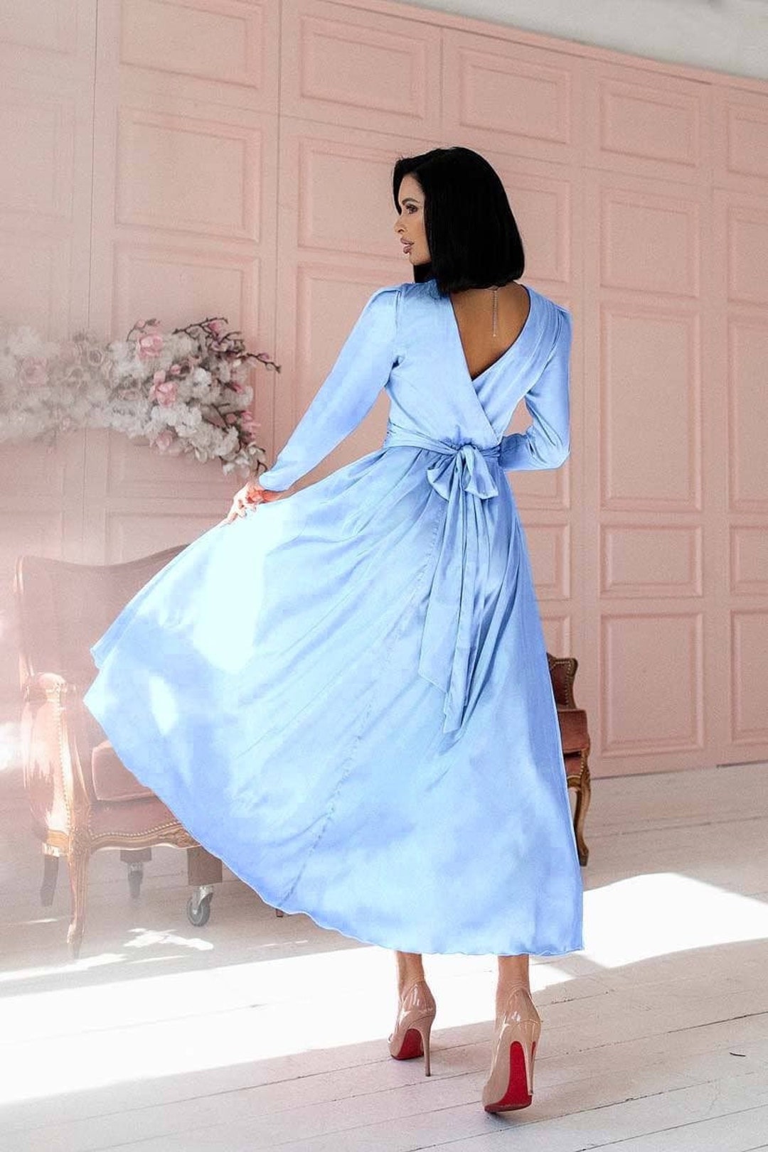 Celestial Blue V Neck Back Dress, Backless Slip Dress, Belted Silk Midi ...
