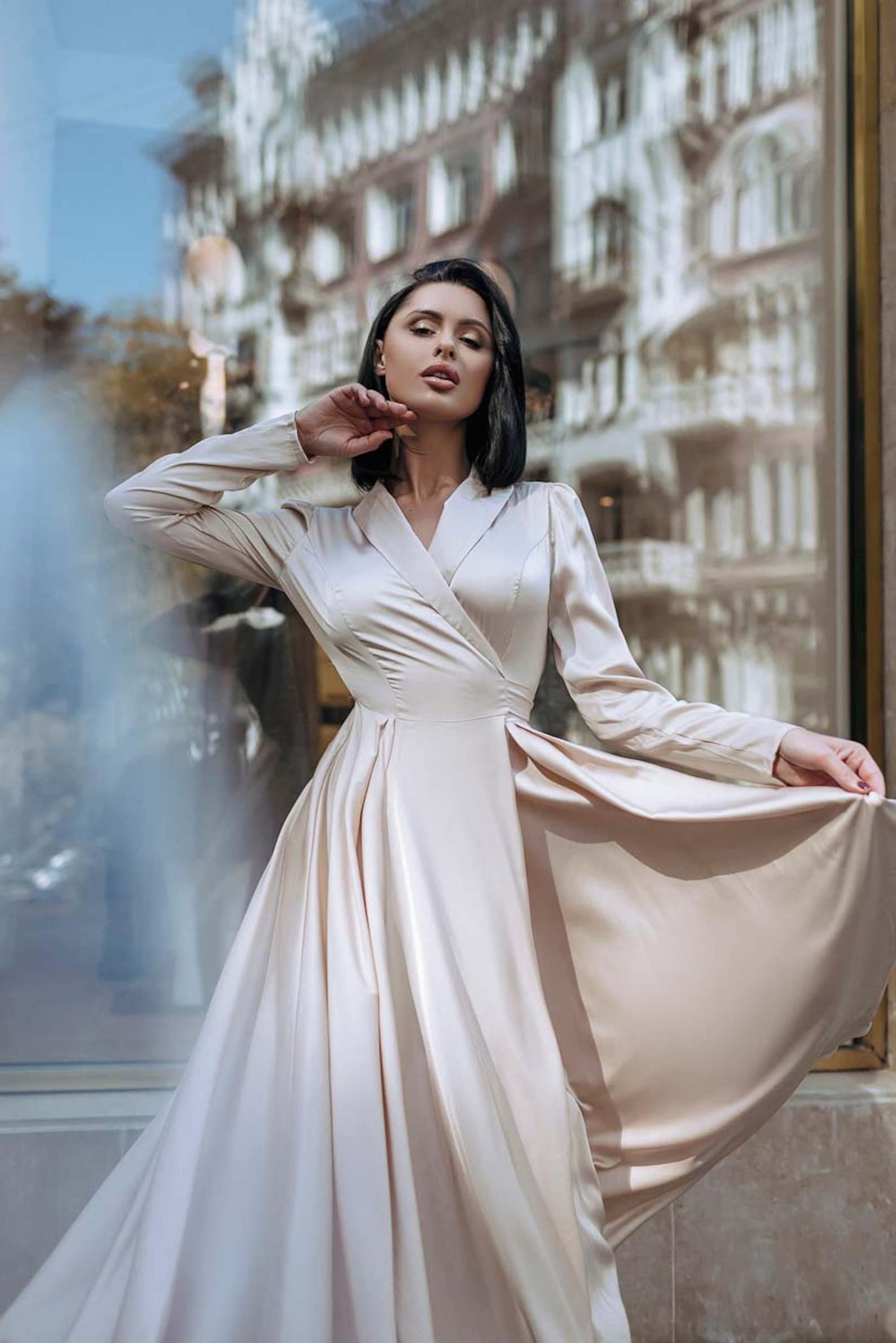 Beige Midi Silk Dress, Silk Wrapped Dress, Fit and Flare Midi Dress ...