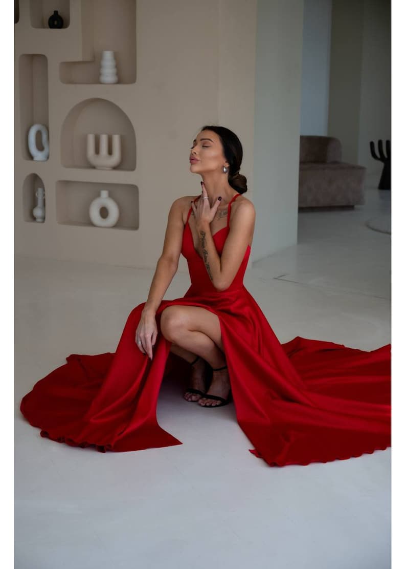 Red Silk Dress With Slit, Red Silk Long Dress, Maxi Prom Dress, Women ...