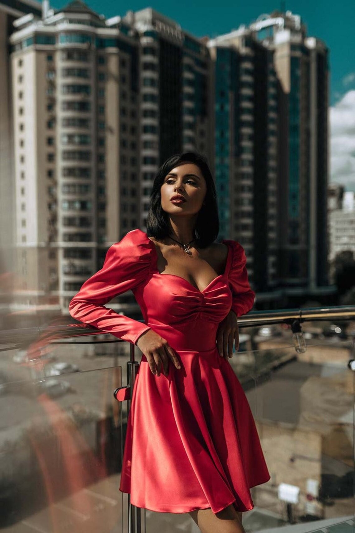 Red Satin Dress, Red Mini Dress, Long Sleeve Red Dress, Red Flared ...