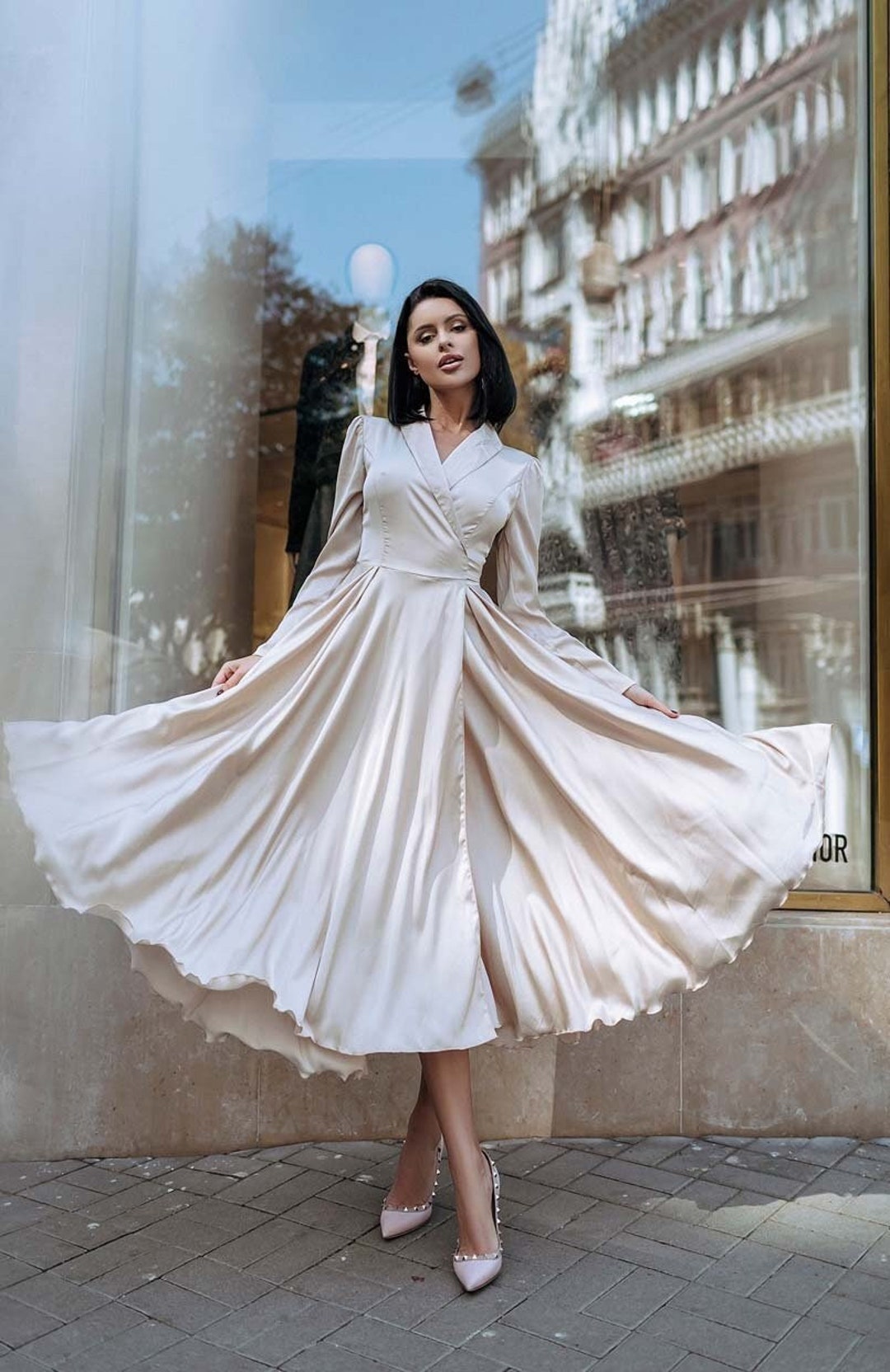 Beige Midi Silk Dress, Silk Wrapped Dress, Fit and Flare Midi Dress ...