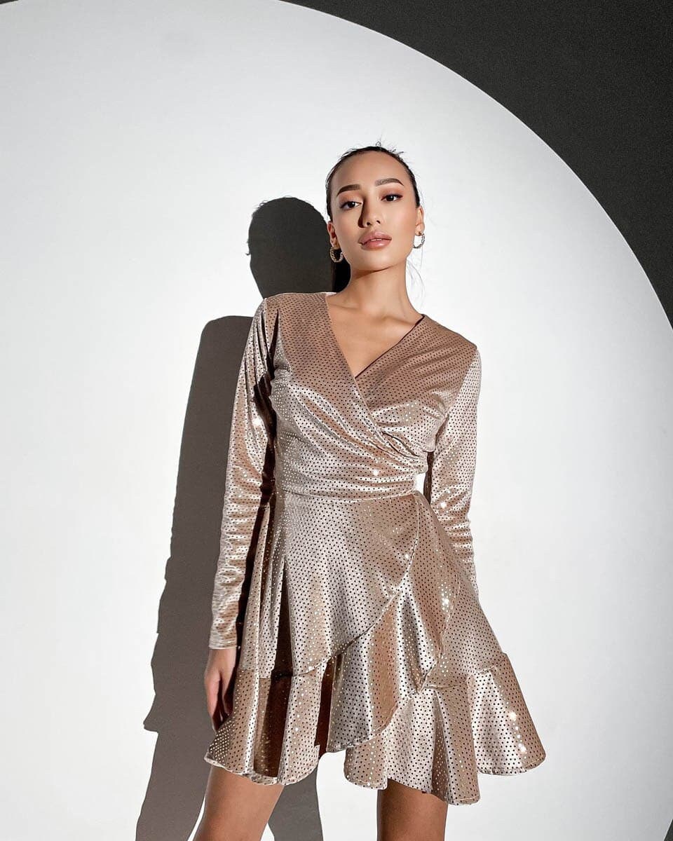 Beige Sparkly Dress, Velvet Wrap Dress, Bling Bling Shining Dress ...