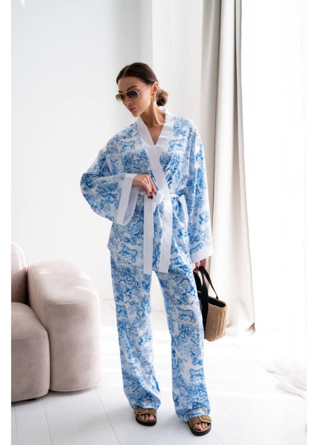 Celestial Blue Silk Pants Suit Women, Celestial Blue Satin Two Piece ...