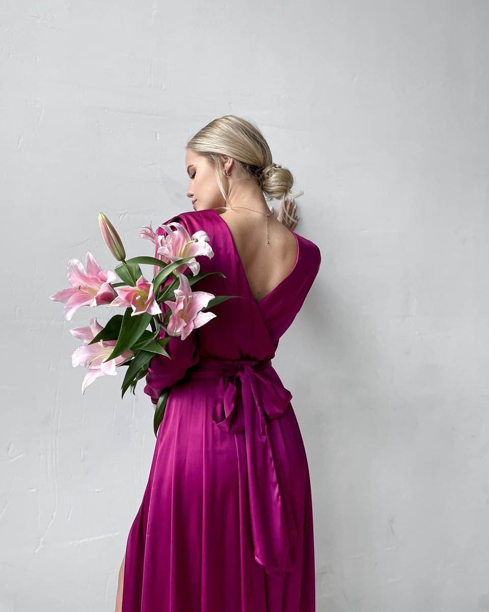 Fuchsia Silk Midi Dress, Silk Slip Dress, Fuchsia Long Sleeves Dress ...