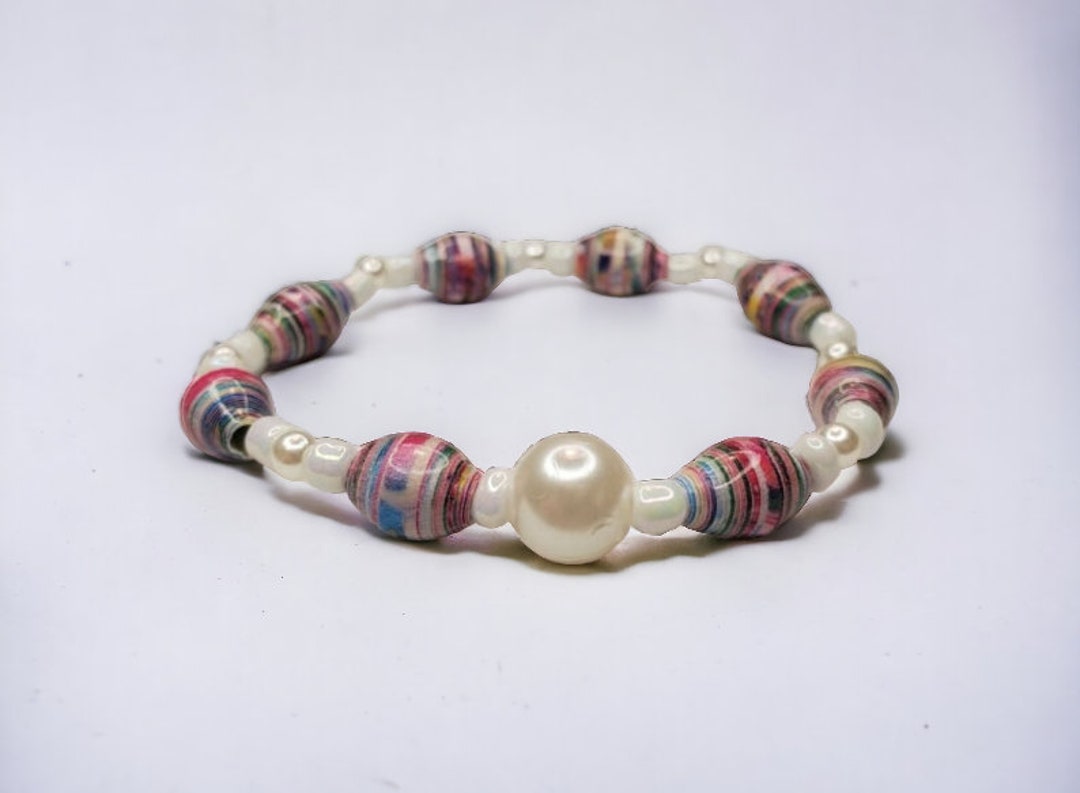 Paper Bead Bracelet, White Beaded Jewelry, Unique Handmade Accessory ...