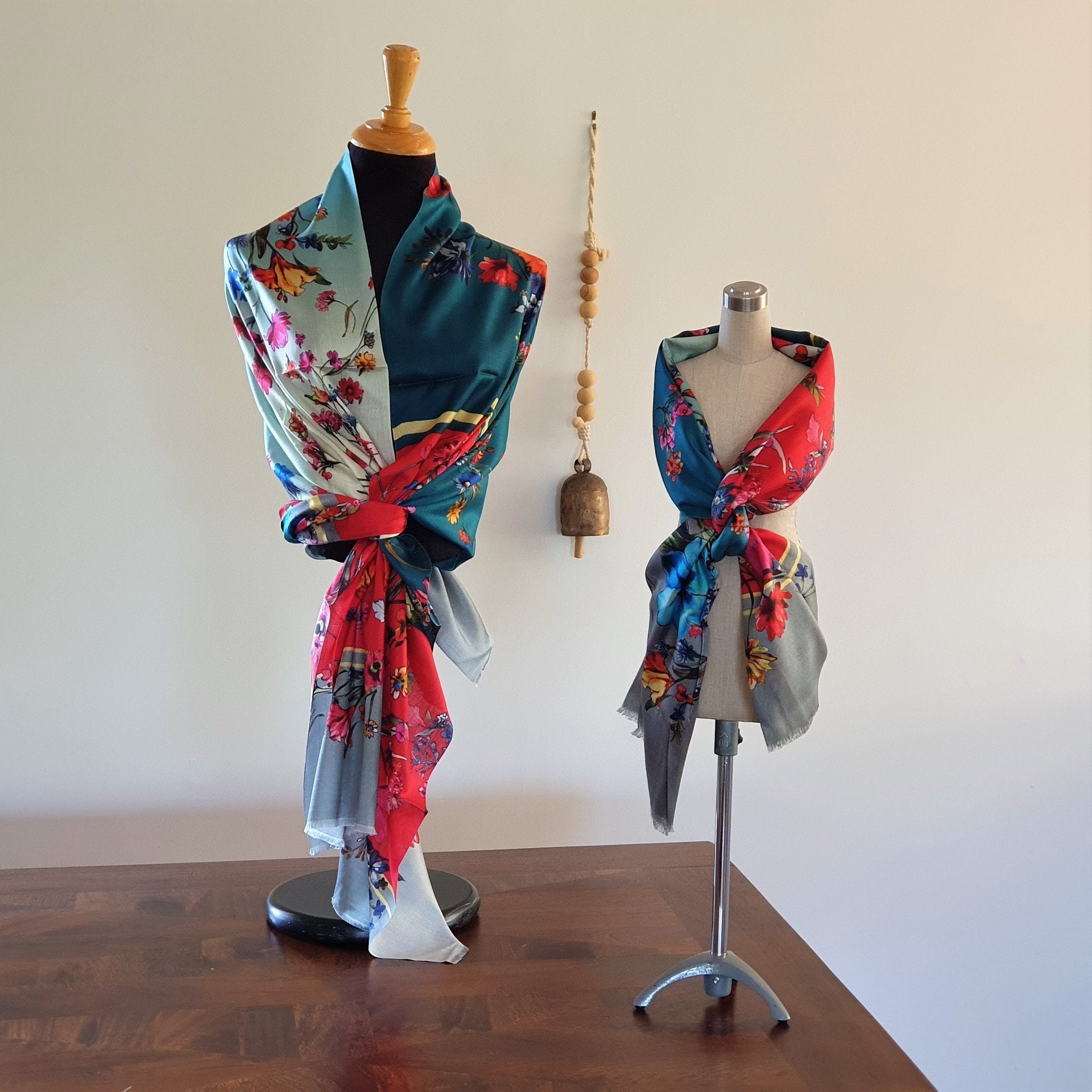 Scialle di seta pura Ombre verde acqua, impacco, sciarpa, pashmina ...