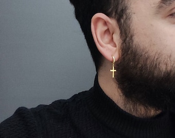 14k Gold Men Cross Earrings - Etsy