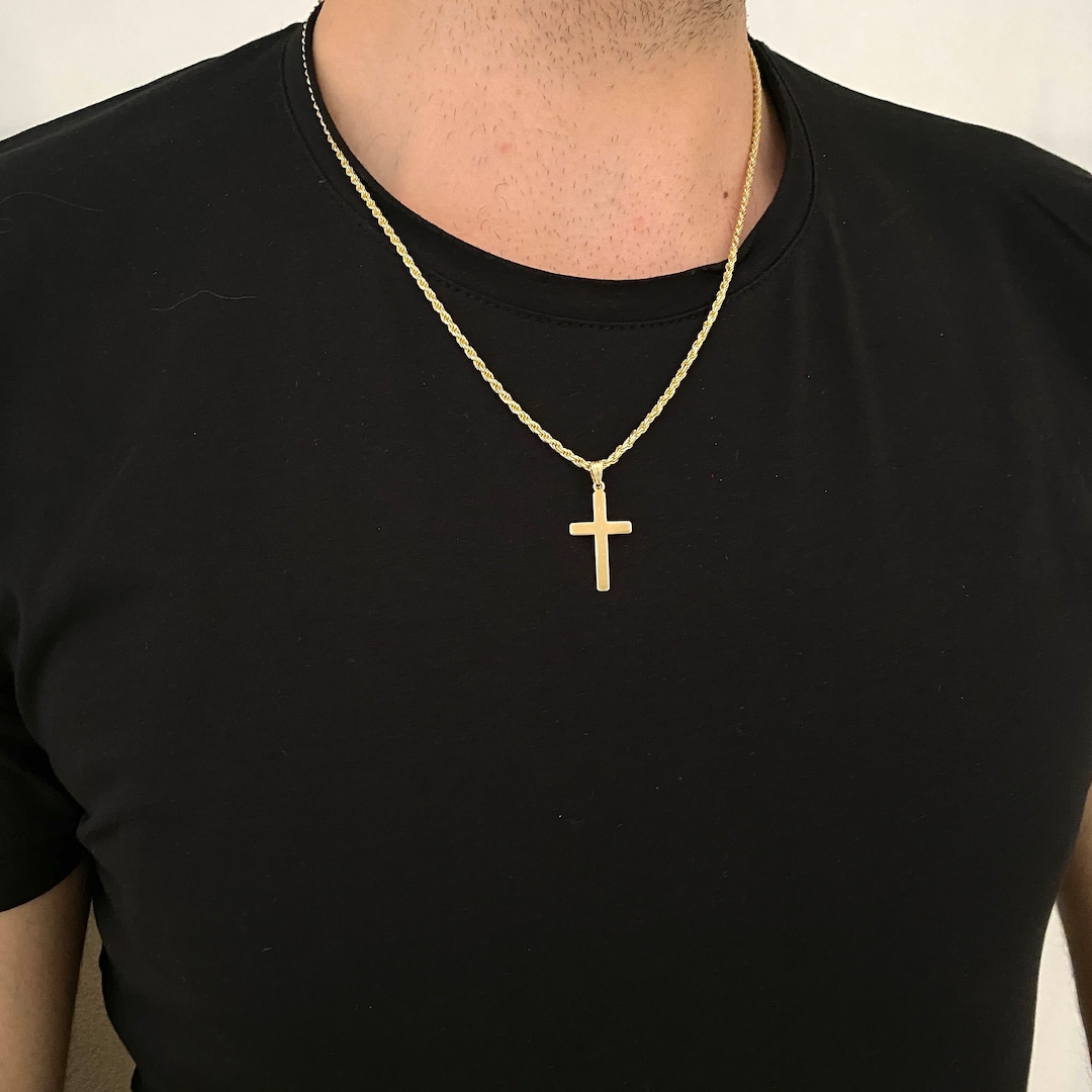 Cross Necklace Men, Men's Gold Cross Necklace - 14k Gold Filled Rope Chain - Gold Cross Chain ...