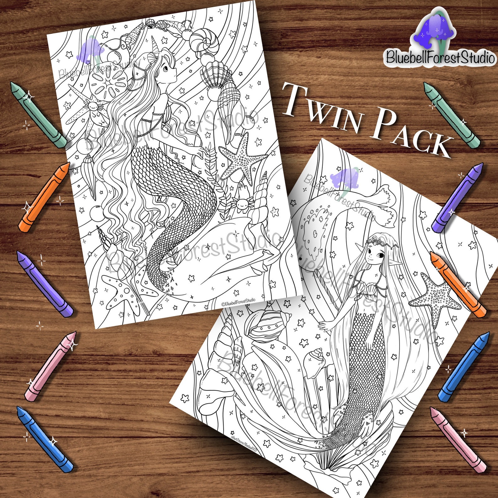 Mermaid Twin Pack Coloring Page Digital Download, Colouring Sheet for ...