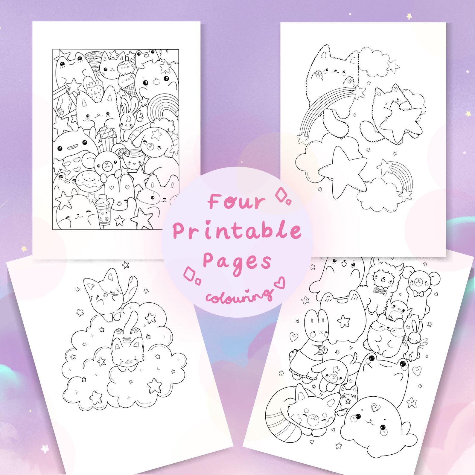 Cute Animals Coloring Page Digital Download, Kawaii Kitten Cat Stars ...