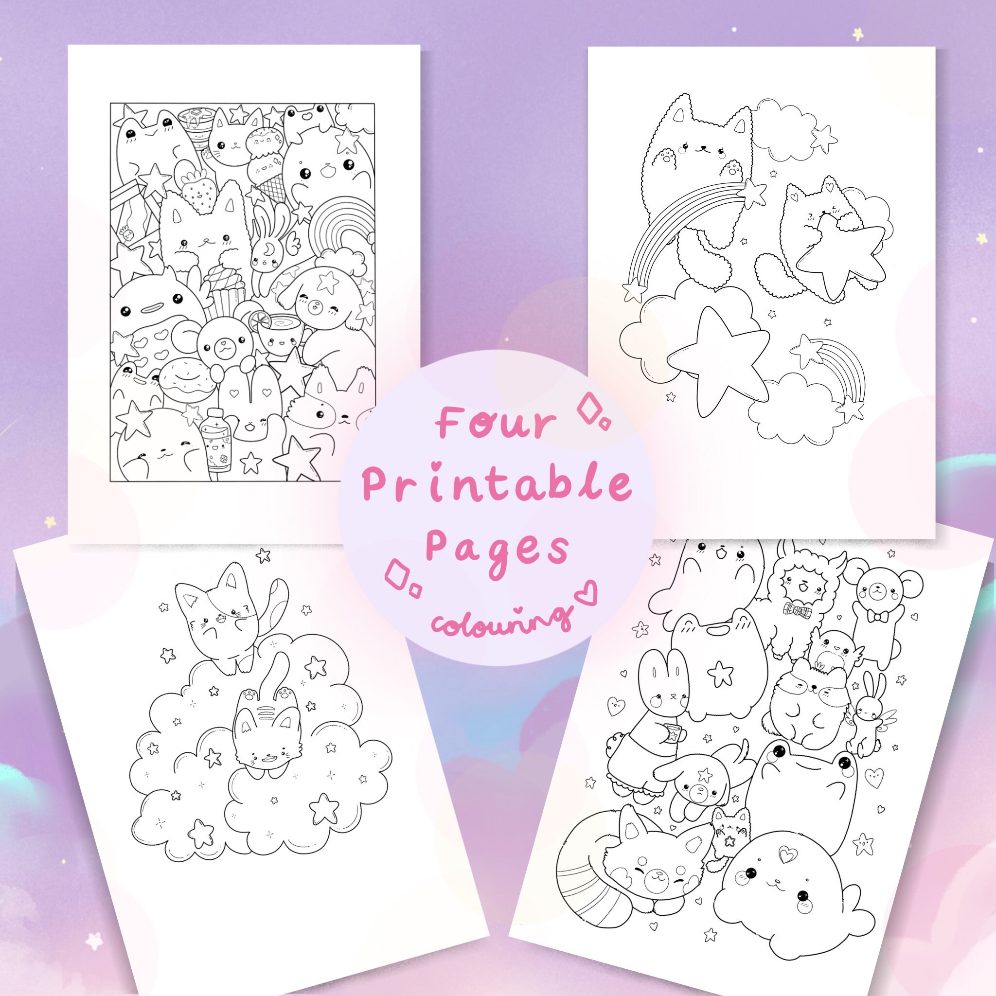 Cute Animals Coloring Page Digital Download, Kawaii Kitten Cat Stars ...