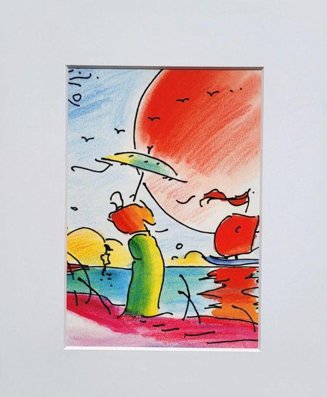 Peter Max man With Umbrella at Sunset Matted Pop Art Print Contemporary ...