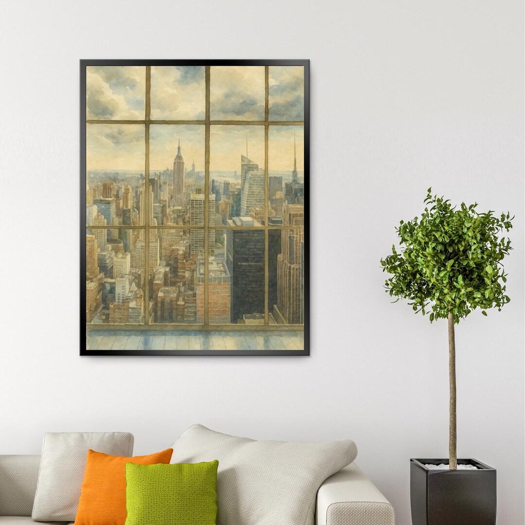 New York City Skyline Window View – Printable Watercolor Wall Art ...