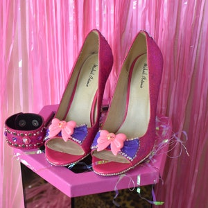 X~"daring Dorothy" Cute Glitter, Bow, Jeweled Pink Heels W/ Corset Back ...