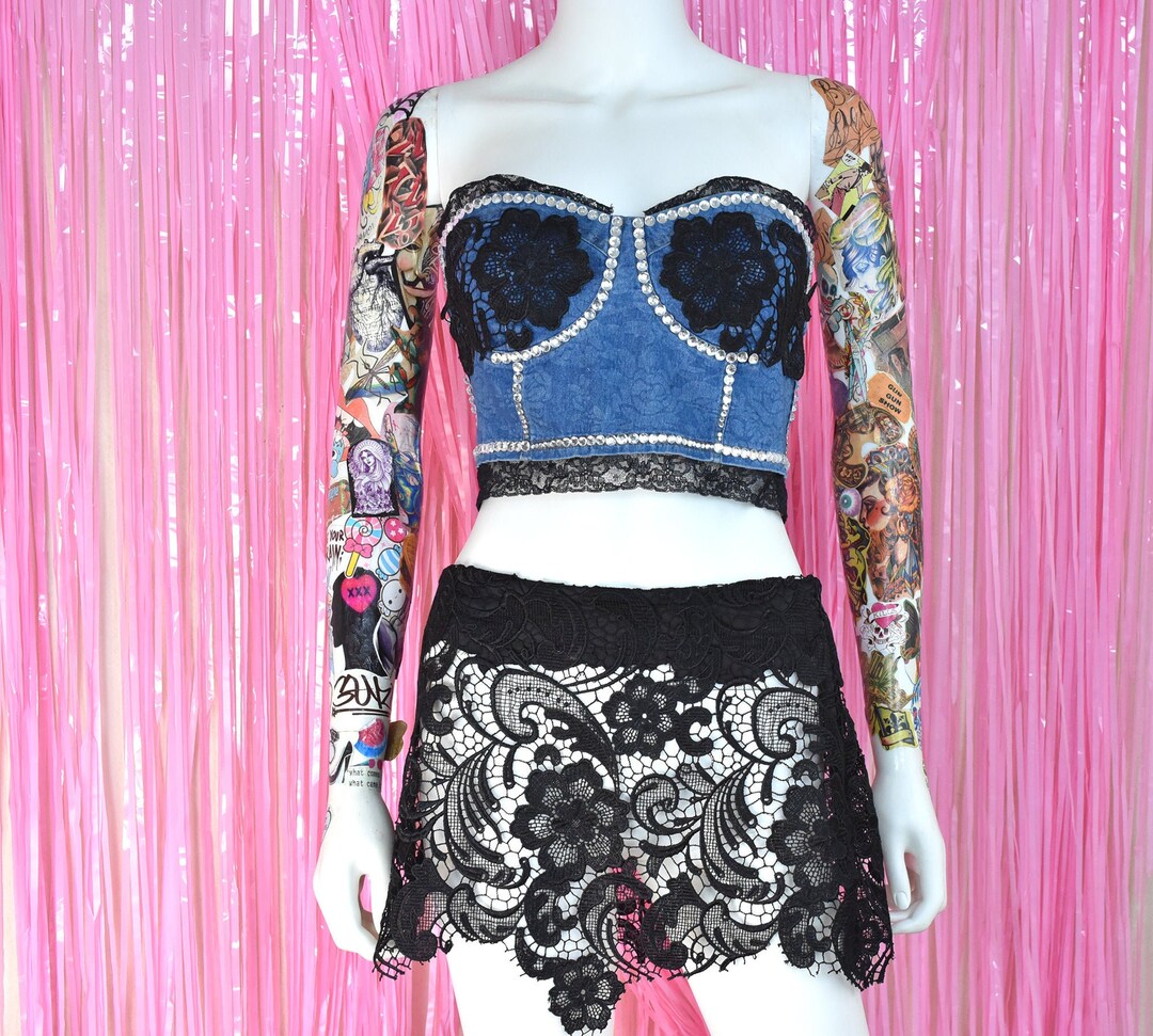 X~"racey & Lacey" Rhinestone Black Lace Denim Crop Corset Bustier W ...