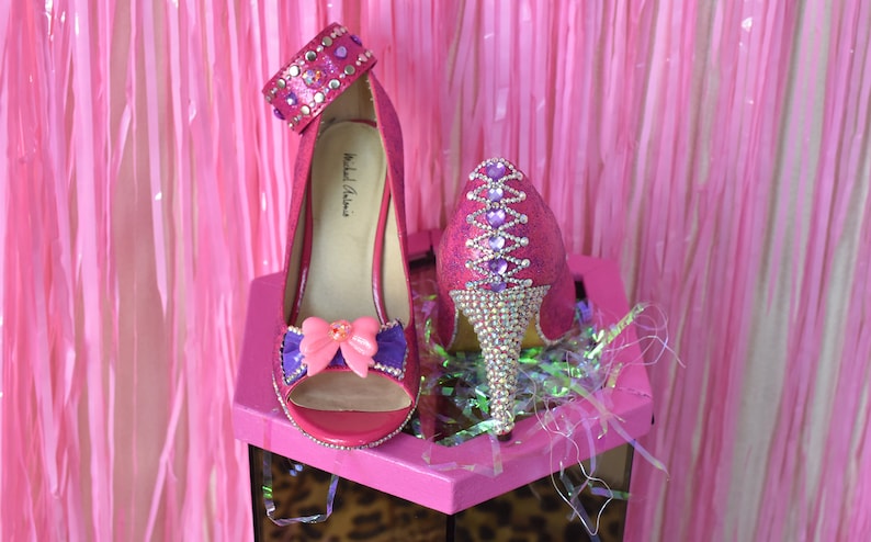 X~"daring Dorothy" Cute Glitter, Bow, Jeweled Pink Heels W/ Corset Back ...