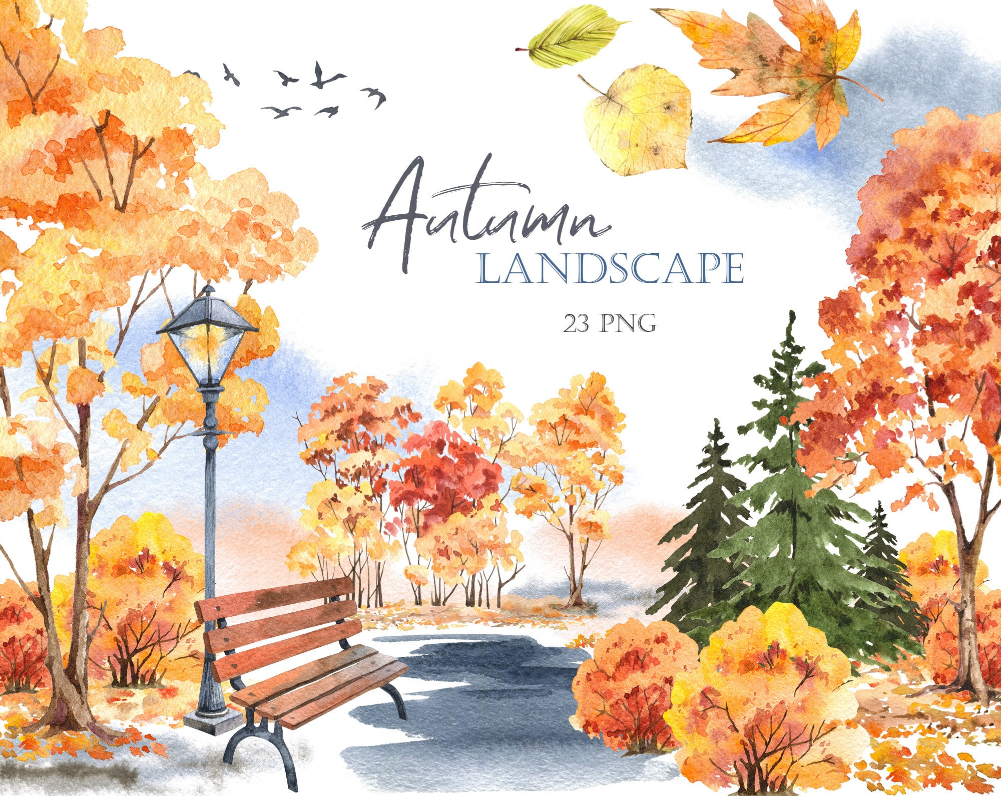 Autumn landscape watercolor clipart Fall Forest tree clip | Etsy