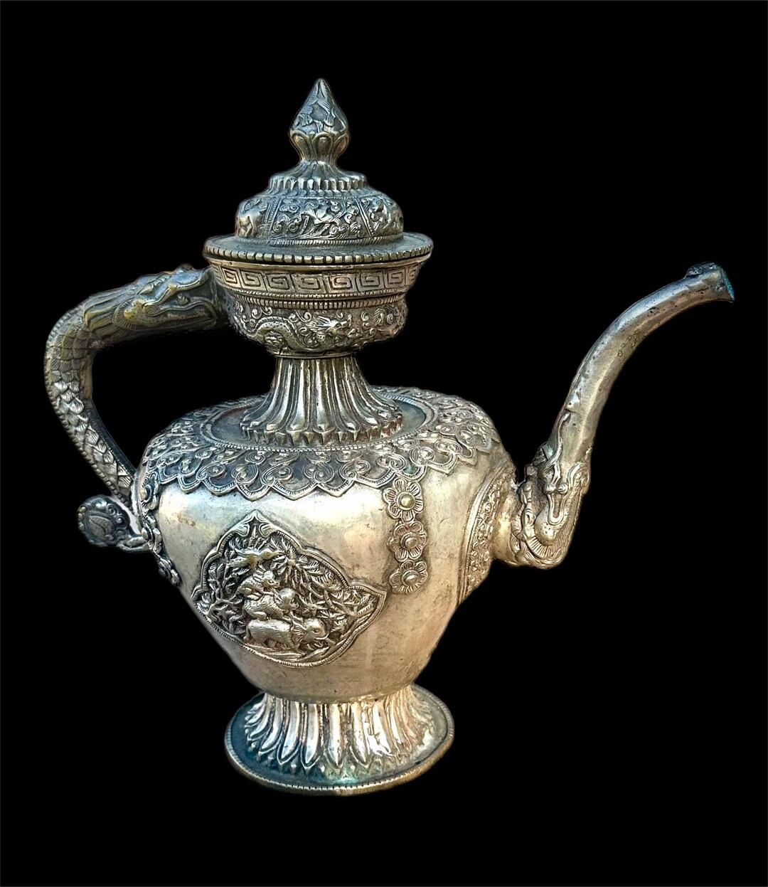 Chinese Silver-plated Copper Flagon Teapot Dragon Handle Embossed Animal Motifs - Etsy