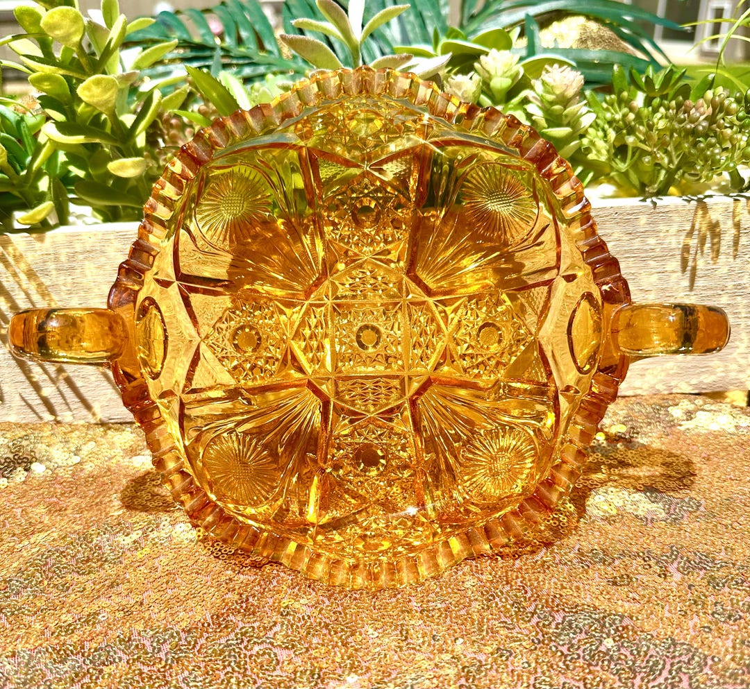 Vintage Amber Pressed Glass Two-handled Dish –sunburst & Diamond ...