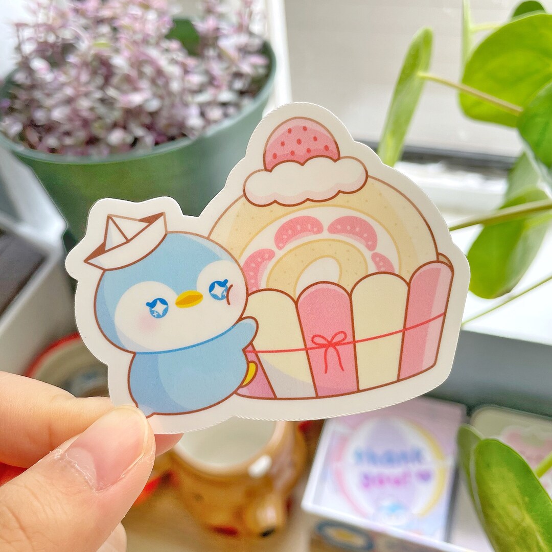 Penguin With Strawberry Roll Cake Waterproof Sticker Cute Vinyl Sticker ...