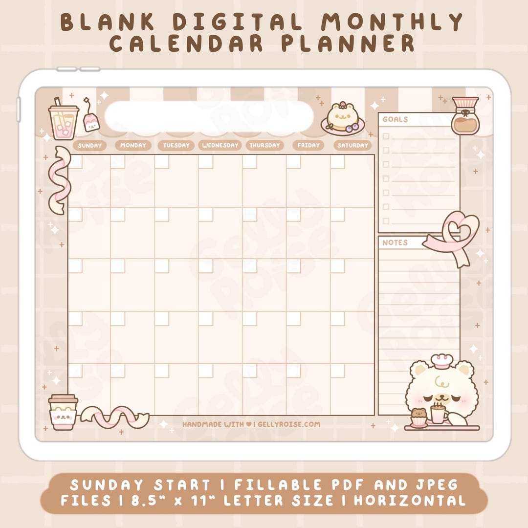 Digital Bear Cafe Monthly Planner Printable Calendar | Cute, Coffee ...
