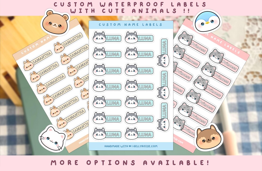 Custom Waterproof Name Labels, Cute Shape Kawaii 1x2 Animals ...