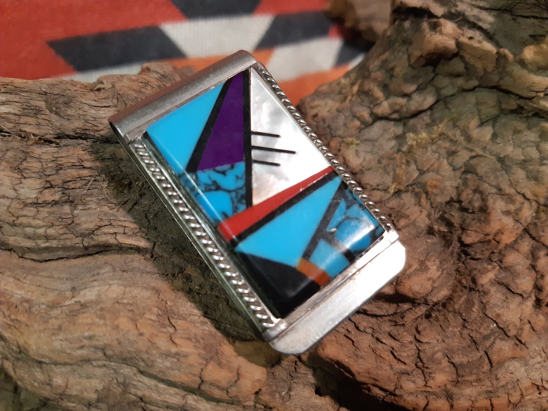 Indian Money Clip, Stone Mosaic, Turquoise, Coral, Black Jet, Mother-of ...
