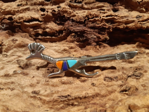 Roadrunner, racing cuckoo, Navajo, stone mosaic brooc… - Gem