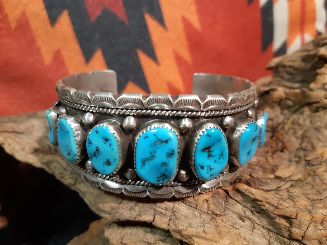 Navajo Bangle, Old Pawn, 7 Turquoises, Men, Signed Robert Kelly, 925 ...