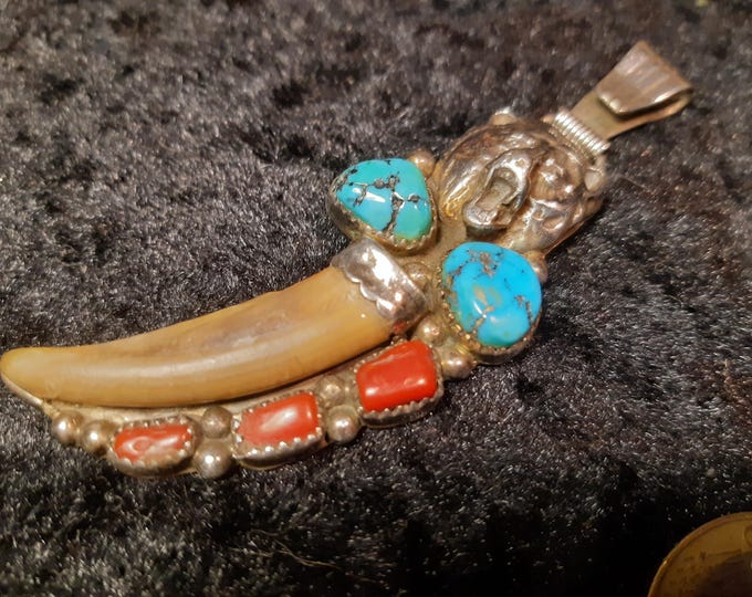 Indian Jewelry Old Pawn Bear Head 2 Turquoises, 3 Corals, 925 Sterling ...