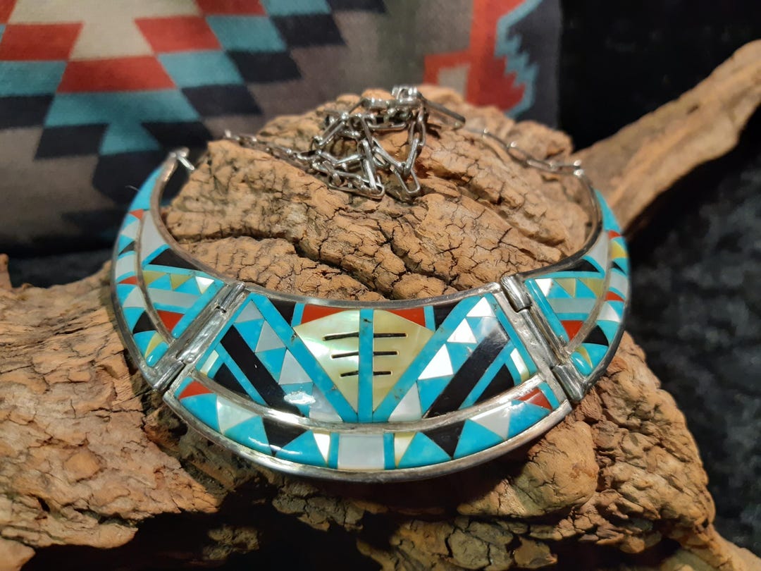 Fine Zuni Necklace, Geometric Mosaic, Turquoise, Coral, MOP, Black Jet ...