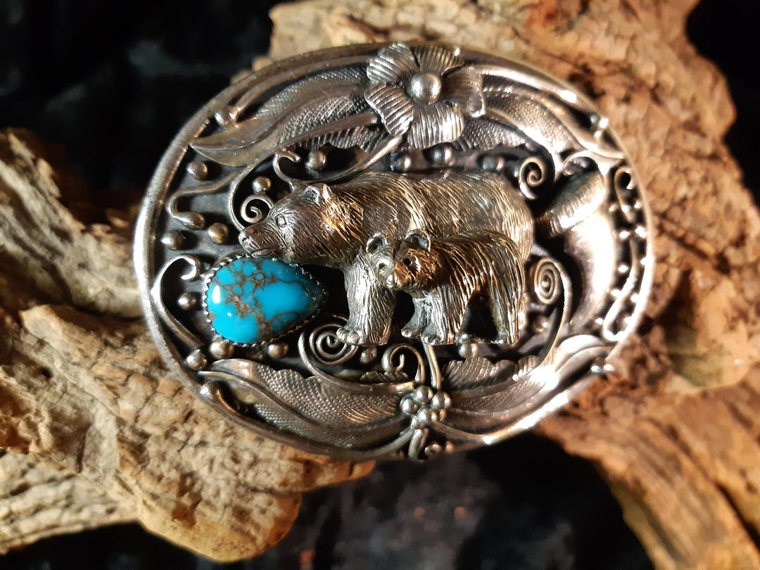 Old Pawn Belt Buckle, Turquoise, Bear With Cubs, 3D, Three-dimensional ...