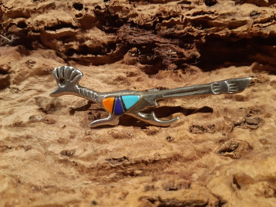 Roadrunner, racing cuckoo, Navajo, stone mosaic brooc… - Gem
