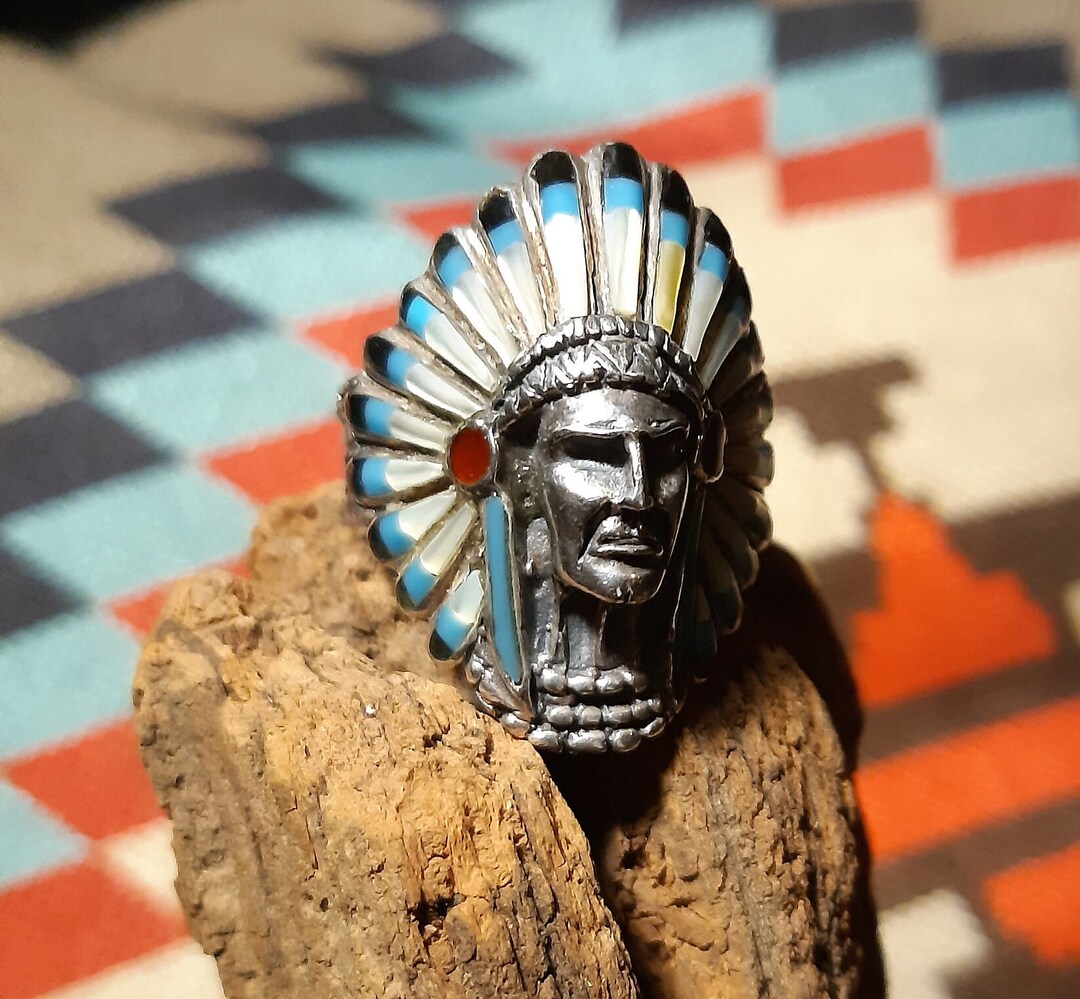 Large Mosaic Ring, Chief, War Hood, Zuni, Turquoise, Coral, Mother of ...