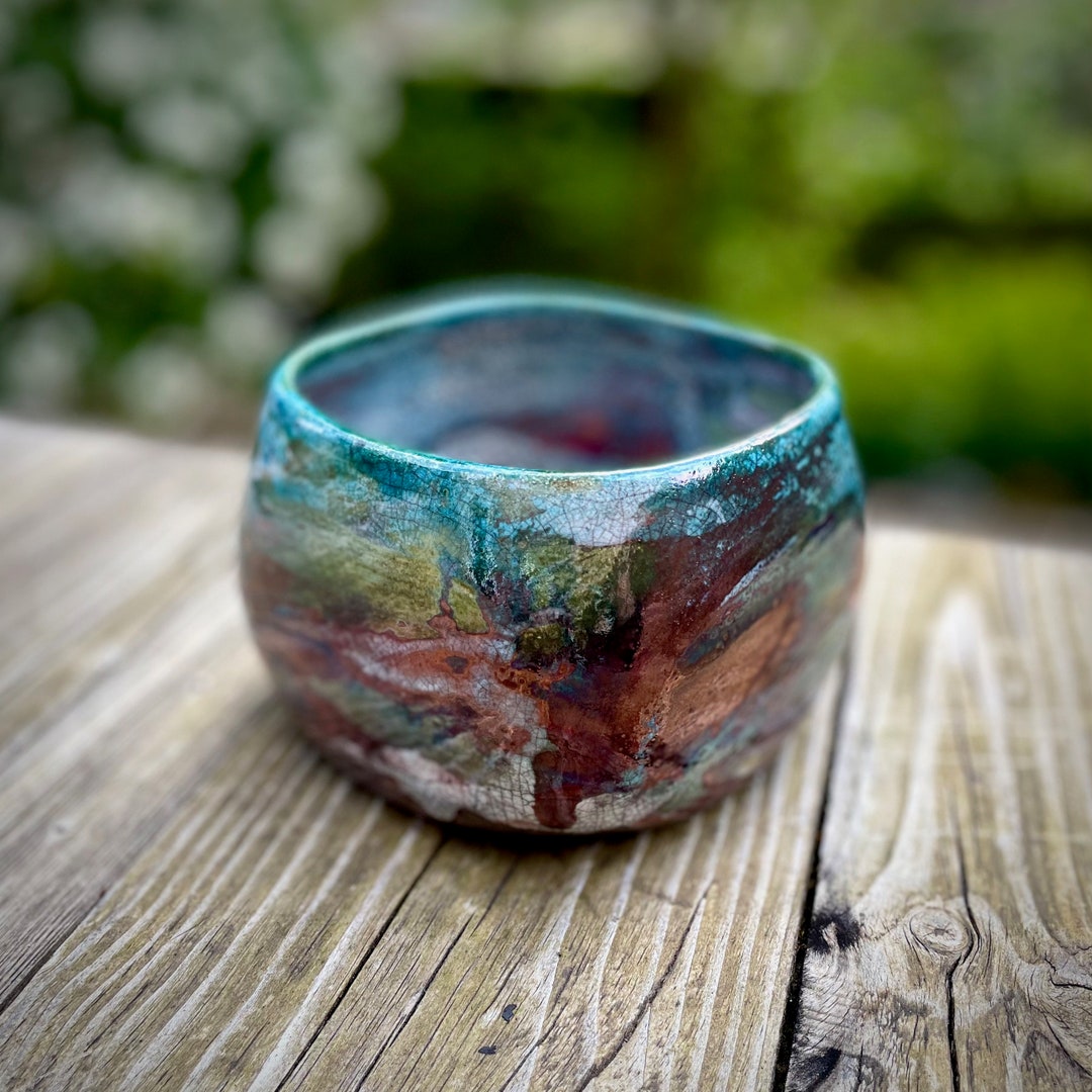 Large Handmade Raku Fired White Crackle Glaze, Metallic Green & Copper ...