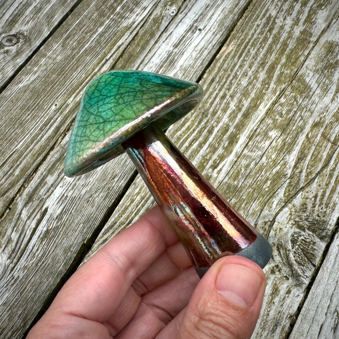 Raku Fired Ceramic Blue & Copper Rainbow Crackle Glazed Magical Mushroom Toadstool Fungi ...