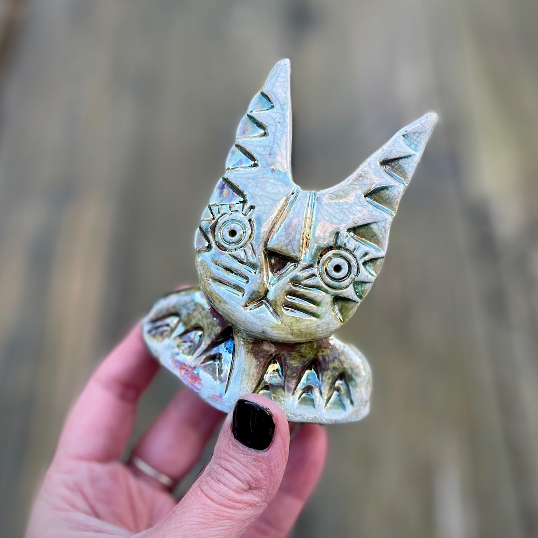 Raku Fired Ceramic Lucky Cat Totem in Metallic Copper Green & White ...
