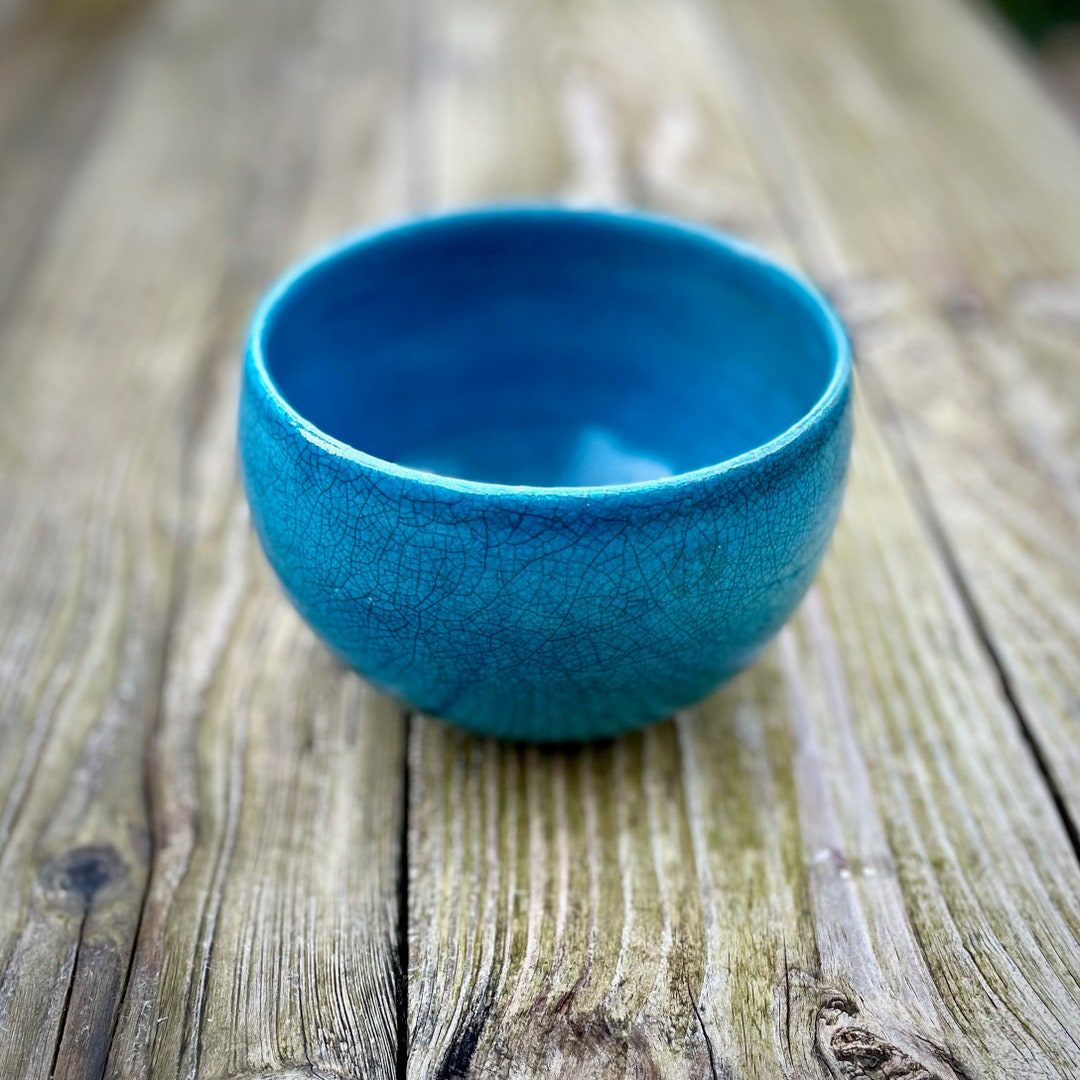 Large Topaz Blue Bold Turquoise & Black Crackle Glaze Raku Fired ...