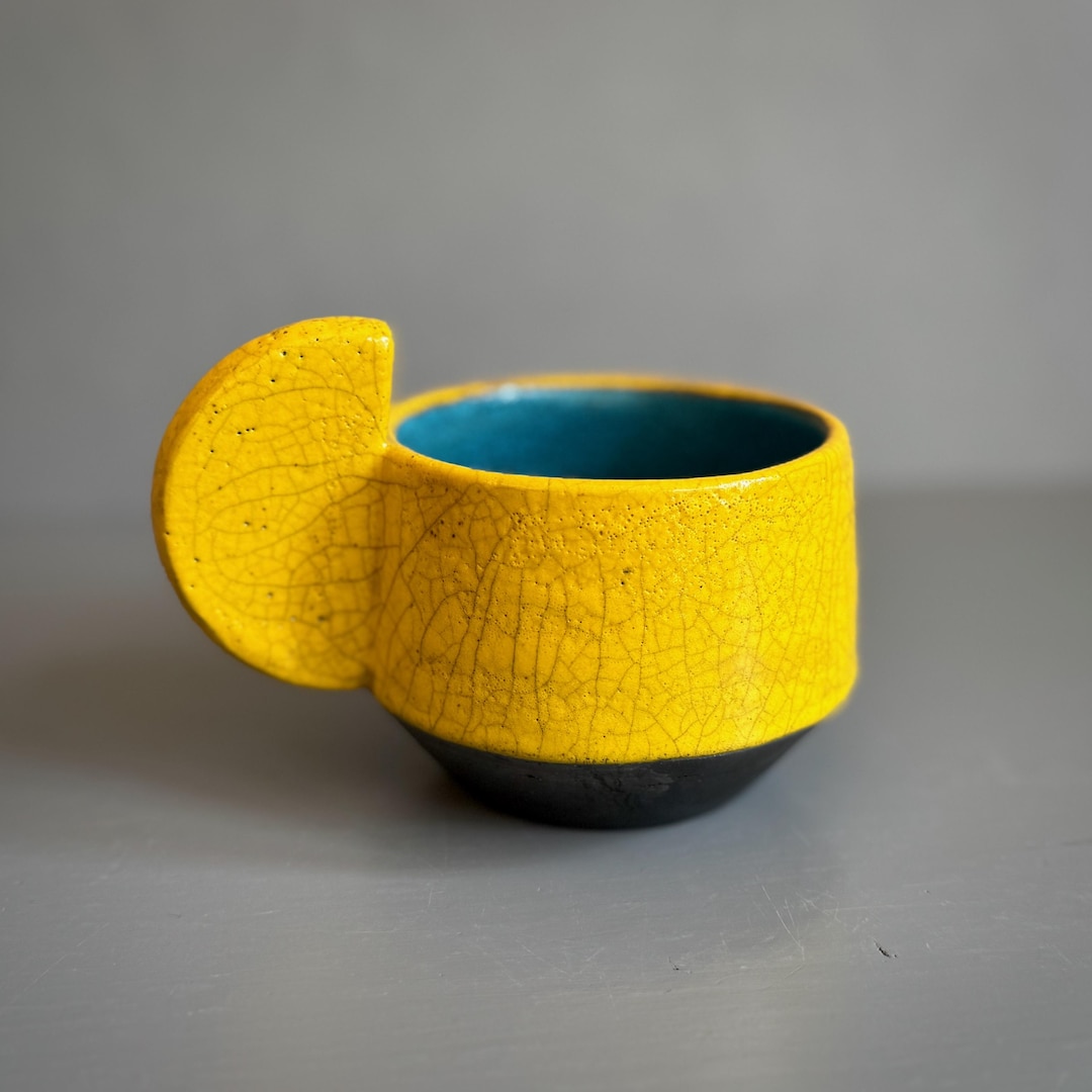 Bold Bright Yellow & Turquoise Crackle Glaze Raku Fired Ceramic Pottery ...