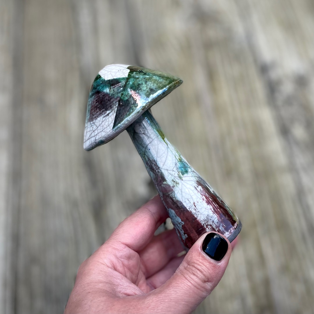 Large Raku Fired Ceramic Shiny Metallic Copper Green & White Crackle Glazed Magical Mushroom ...